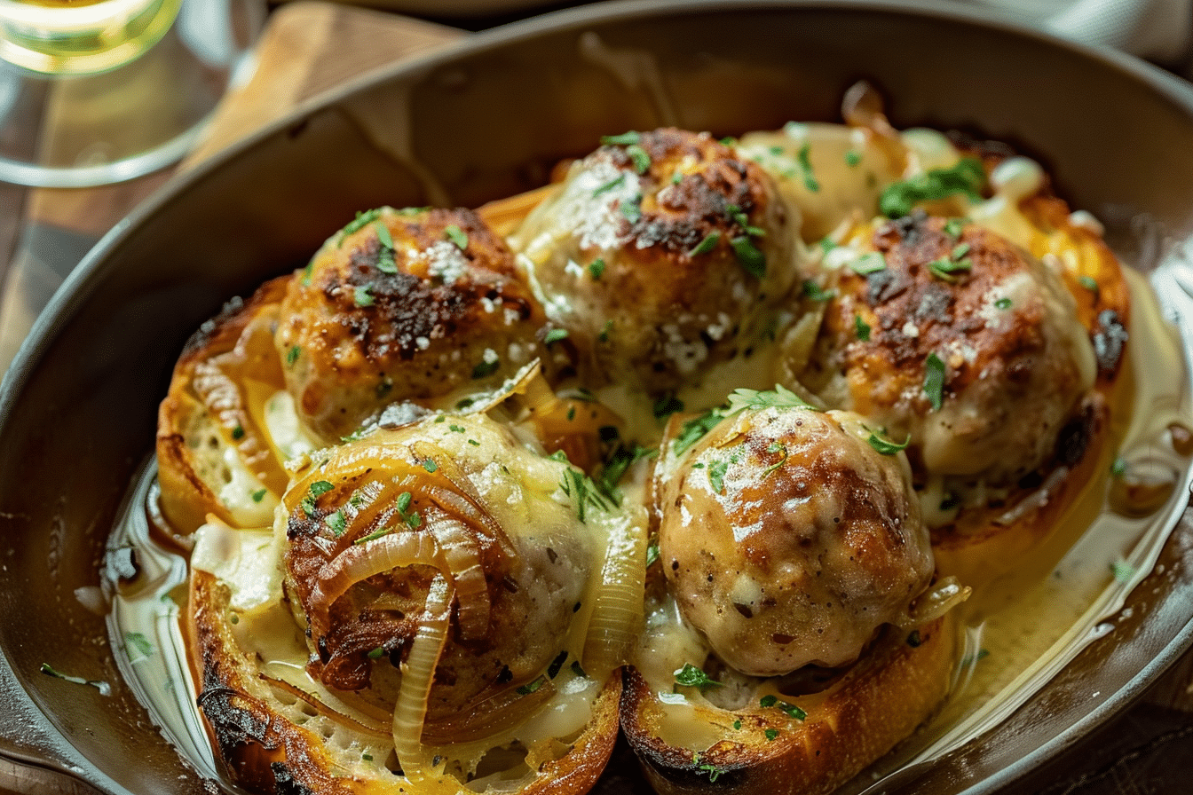 French Onion Chicken Meatballs with Gruyère Toast
