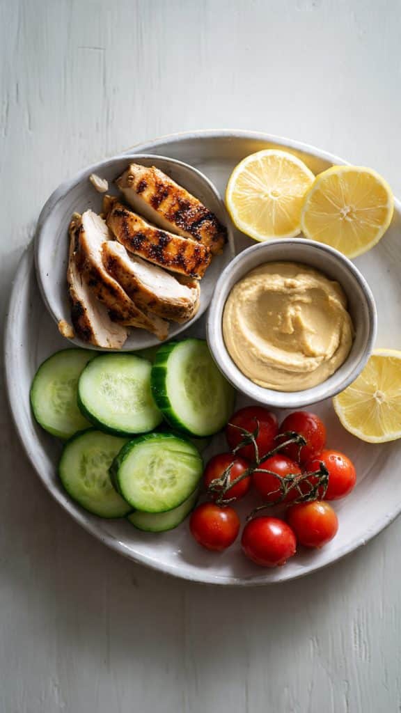 Lemon Chilli Grilled Chicken Bowls with Fresh Cucumber Salad and Hummus