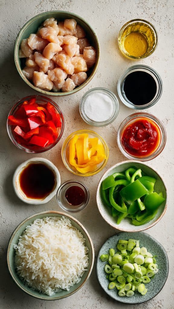 Sticky Sweet & Sour Chicken with Bell Peppers & Rice